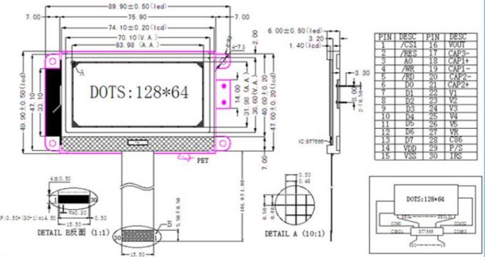 STN Negative Blue LED Custom LCD Module , COG Resolution 128x64 LCD Module